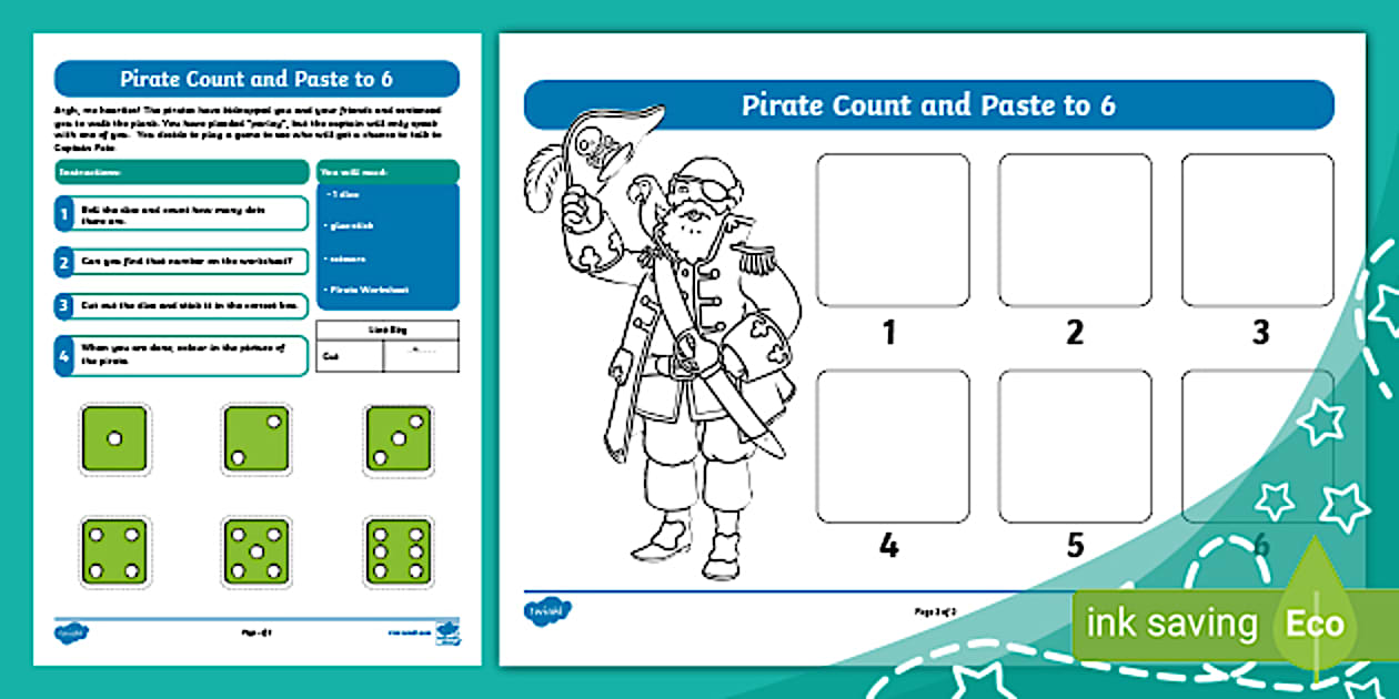 Pirates Count and Paste to 6 (Ages 5 - 7) (teacher made)