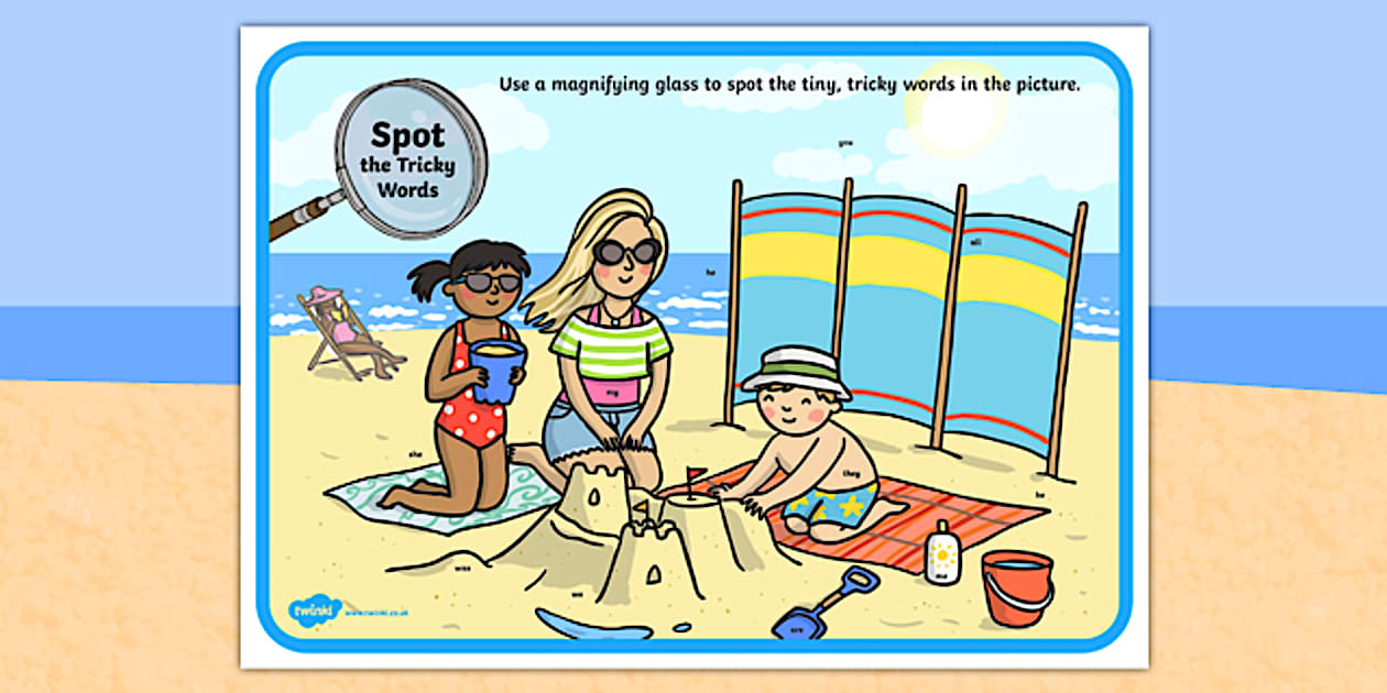 Black and White Phase 3 Tricky Words Beach Scene Magnifying Glass Worksheet