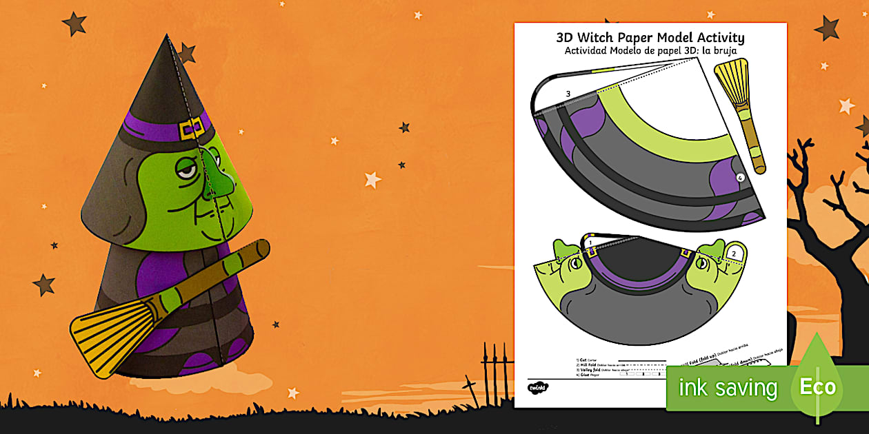 Black and White Simple Halloween 3D Witch Paper Craft English / Spanish