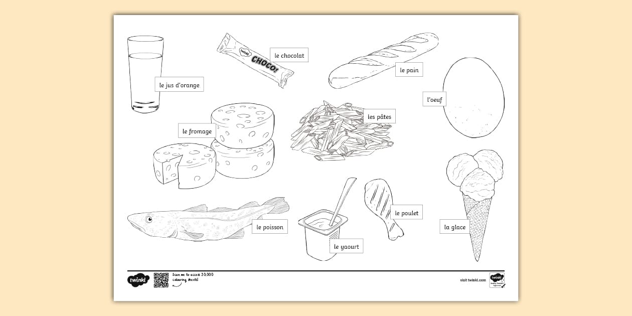 👉 French Foods Colouring Page, Food Words in French