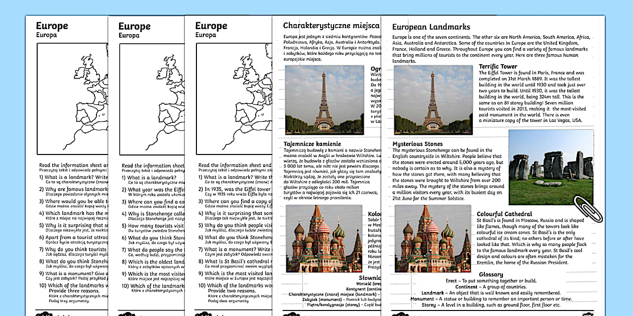 Higher Ability Europe Comprehension Landmarks Worksheets English/Polish