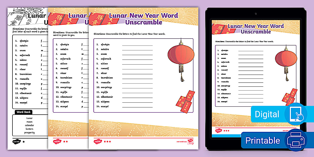 Lunar New Year Differentiated Word Unscramble 6th-8th Grade