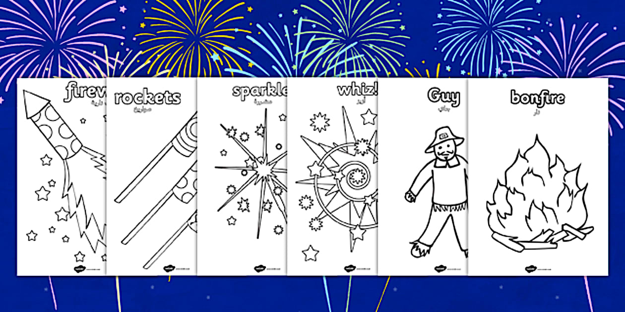 Bonfire Night Colouring Sheets Arabic Translation - Twinkl