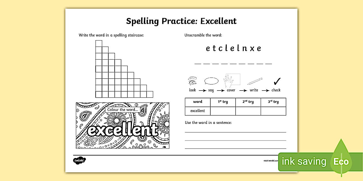 Excellent Spelling Practice Worksheet - Twinkl