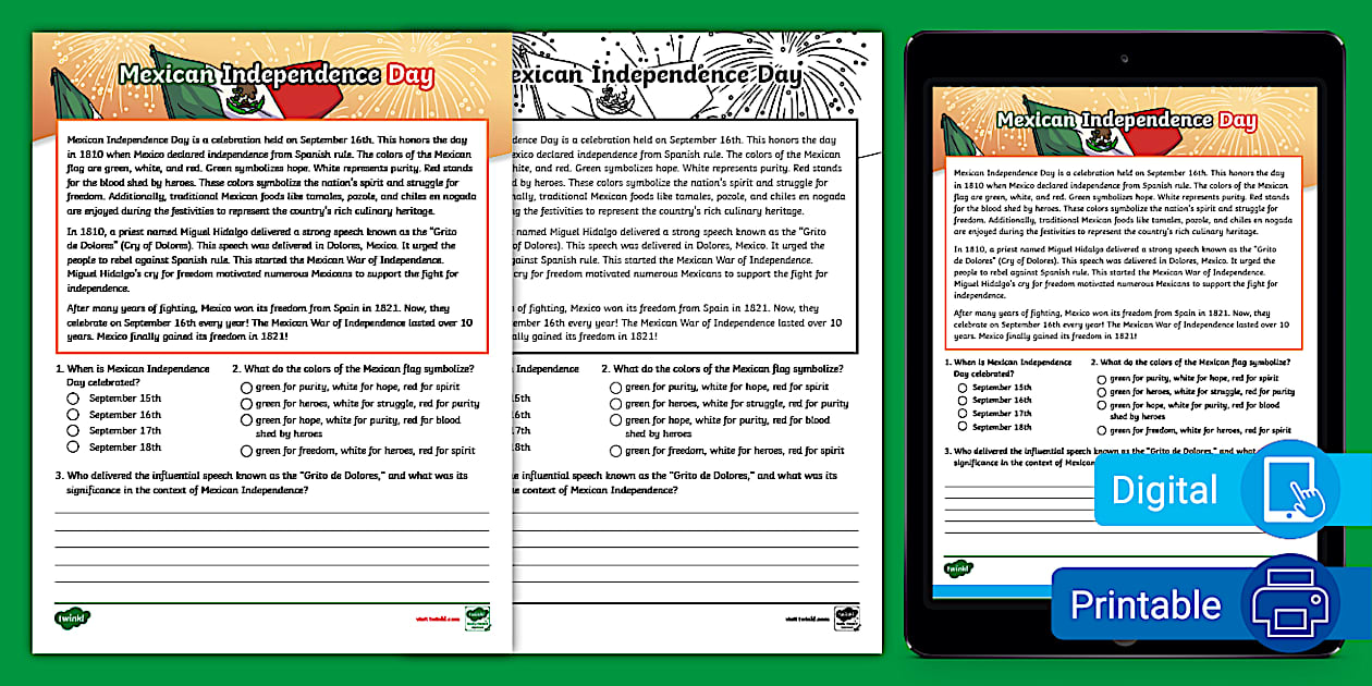 Fifth Grade Mexican Independence Day Reading Comprehension