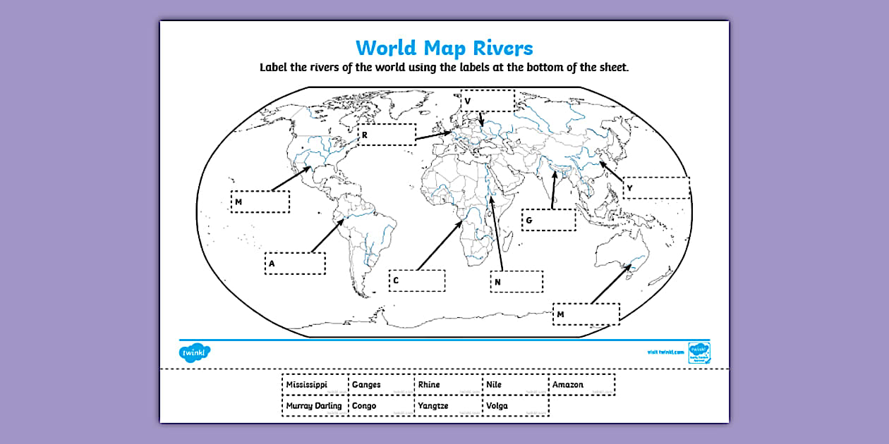 World Rivers Map Labelling Activity - Twinkl - KS2 - Twinkl