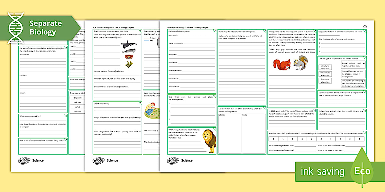 Editable AQA Biology Separate Science Unit 7: Ecology Higher Revision ...