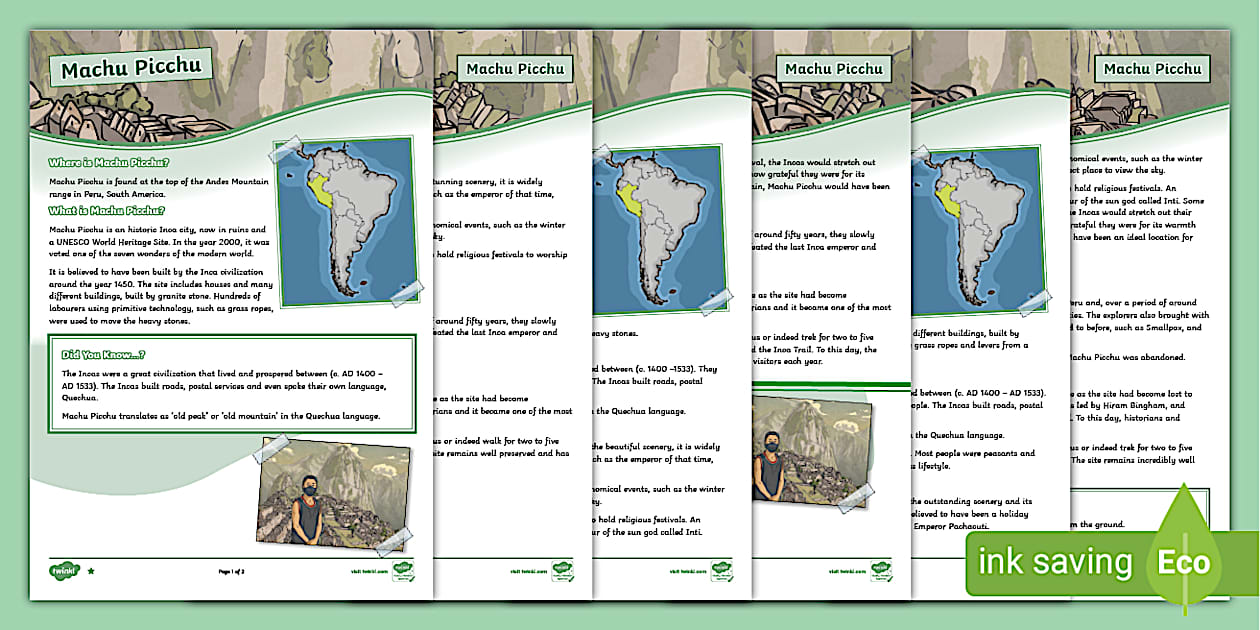 LKS2 Machu Picchu Differentiated Reading Comprehension Activity