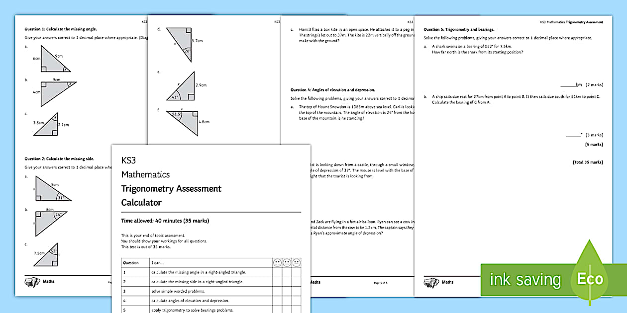 Trigonometry Assessment Pack - Sohcahtoa worksheet - Twinkl