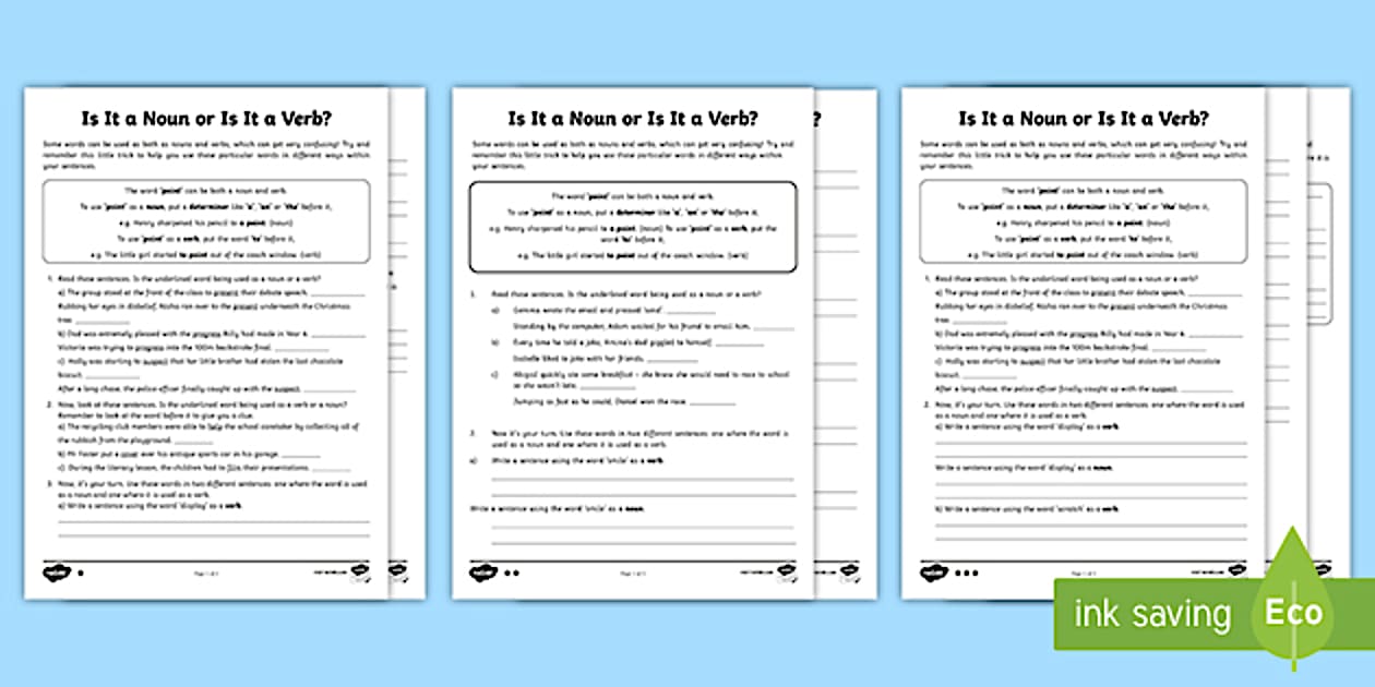 Editable Is It a Noun or Is It a Verb? Differentiated Worksheets