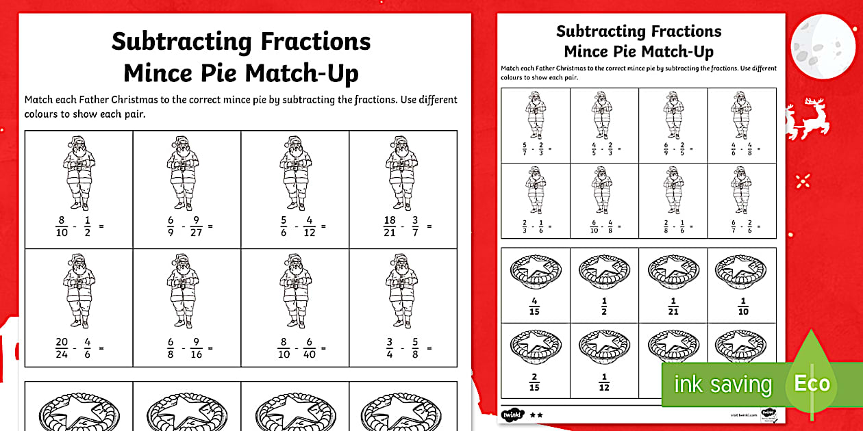 UKS2 Subtracting Fractions Christmas Differentiated Worksheet / Worksheets