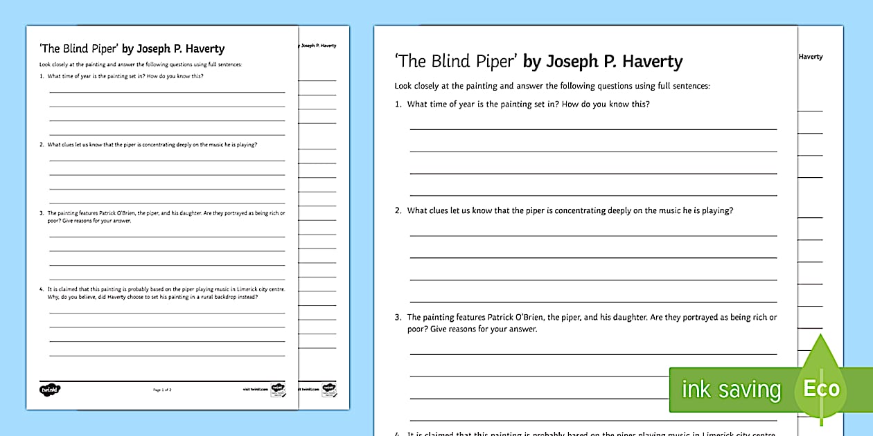 The Blind Piper Art Appreciation Worksheet / Worksheet - Irish Art ...
