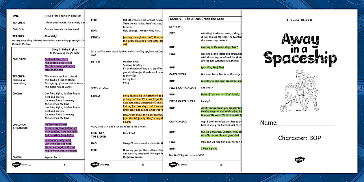 'Away in a Spaceship' Scripts with Highlighted Lines