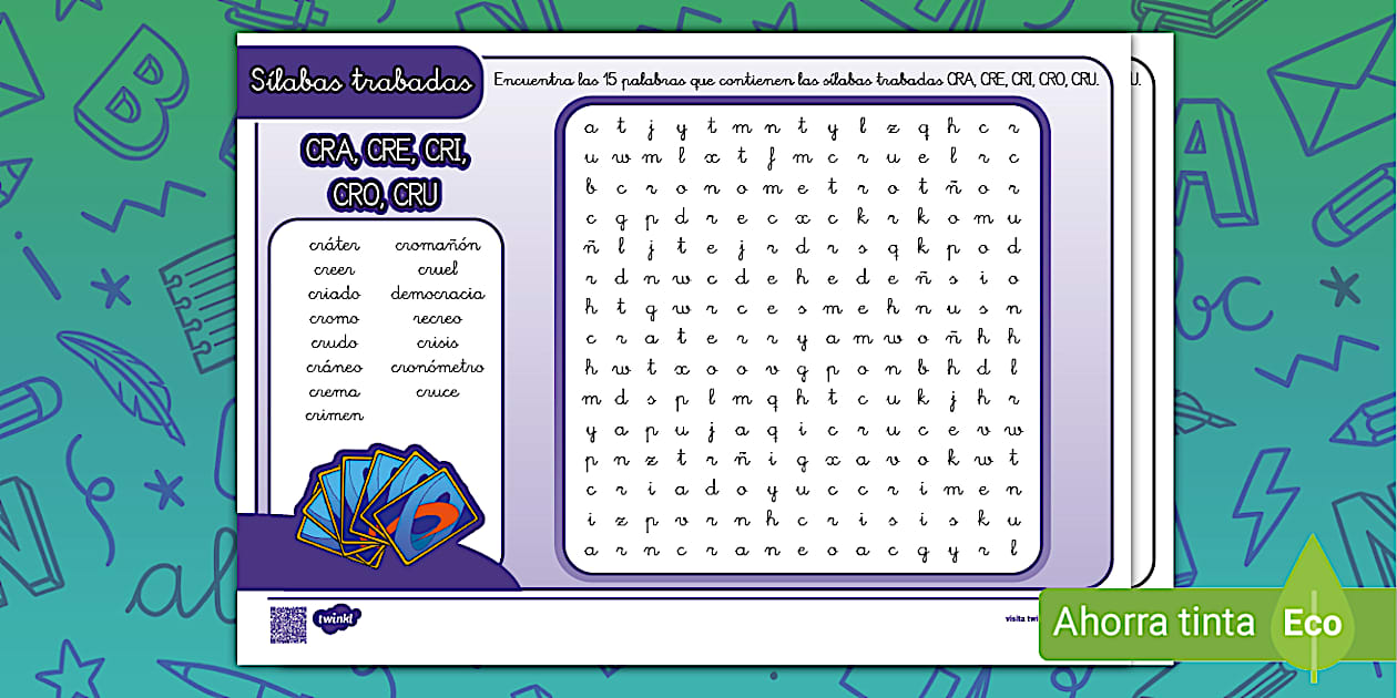 Sopa de letras: Sílabas trabadas CRA, CRE, CRI, CRO, CRU