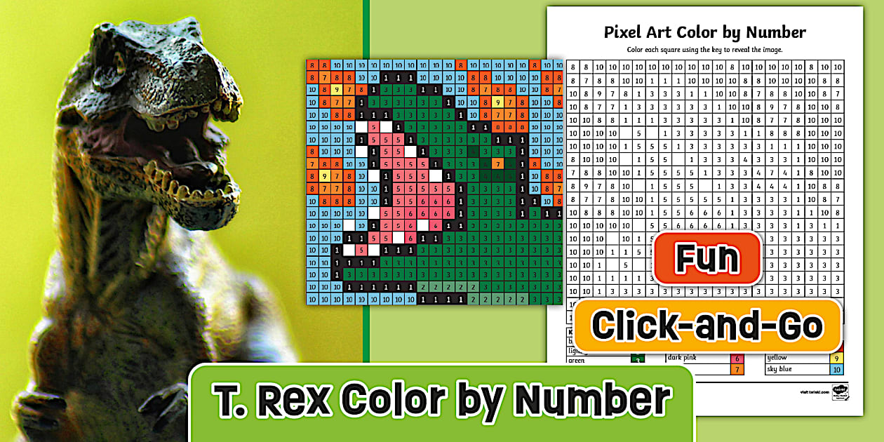 Dinosaur Pixel Art Color Worksheet (teacher made) - Twinkl