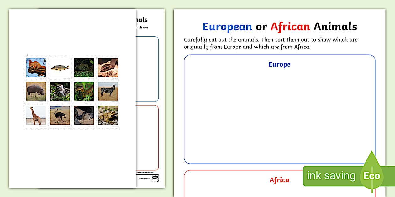 Animals in Europe or Africa Sorting Worksheet (teacher made)