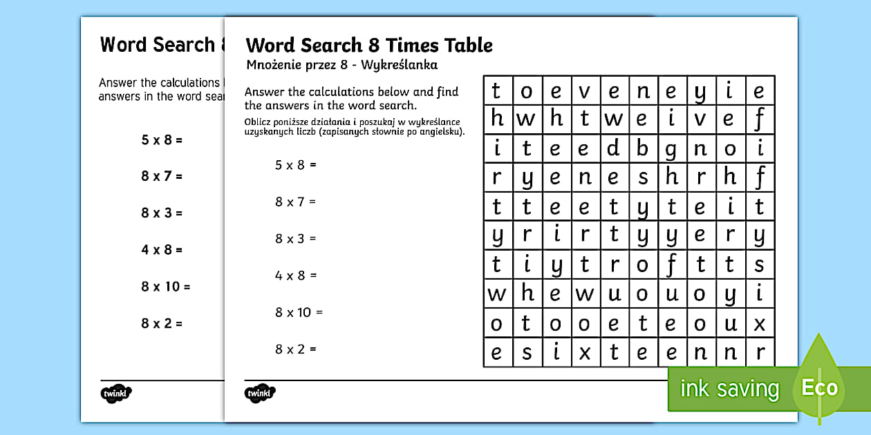 Multiplication 8 Times Tables Word Search Worksheet / Worksheet English ...