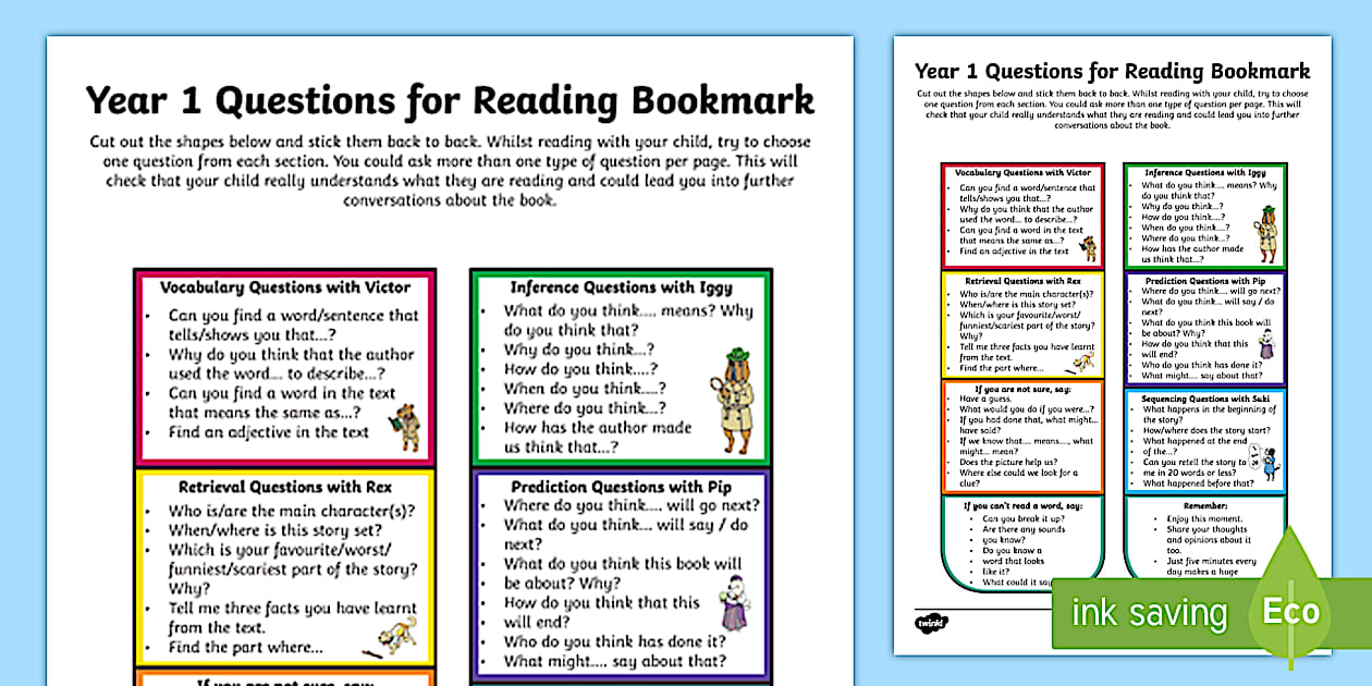 Year 1 Questions for Reading Bookmark Question Cards