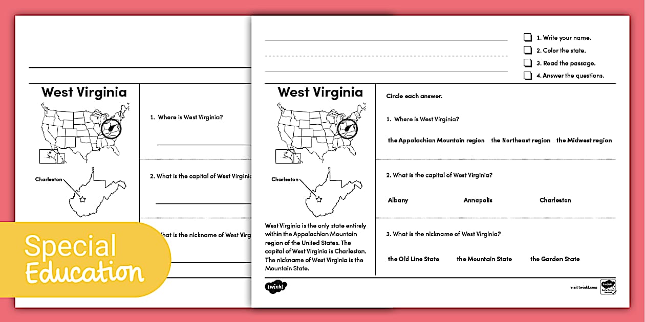 West Virginia Worksheet Page for Special Education - Twinkl