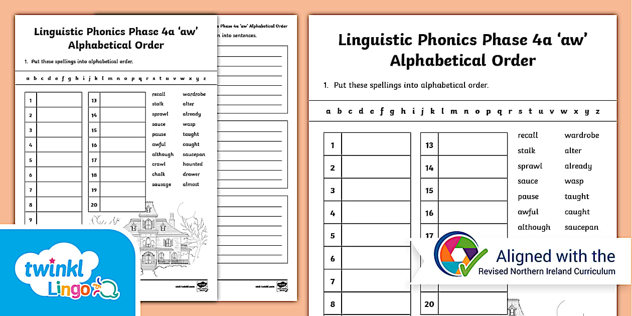 Linguistic Phonics Phase 4a 'aw' Alphabetical Order