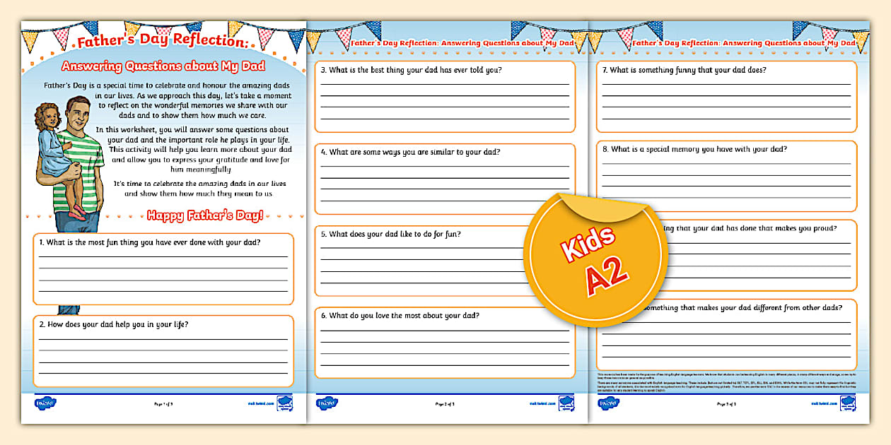 Father's Day Reflection: Questions about My Dad Worksheet [Kids, A2]