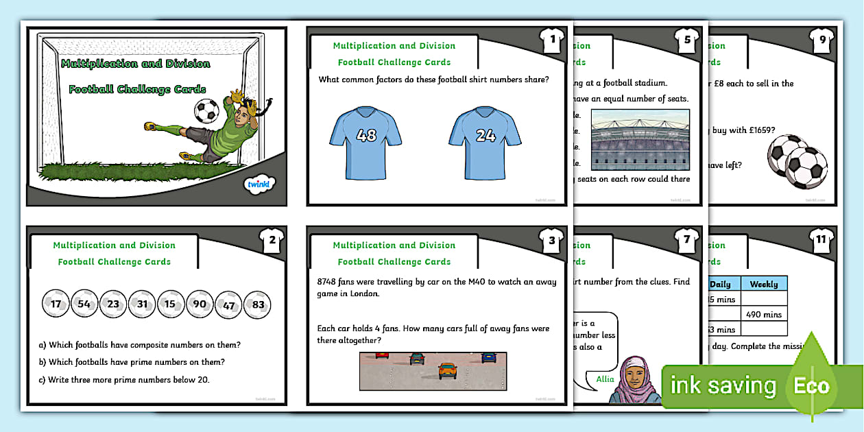 👉 ear 5 Football Multiplication and Division Challenge Cards