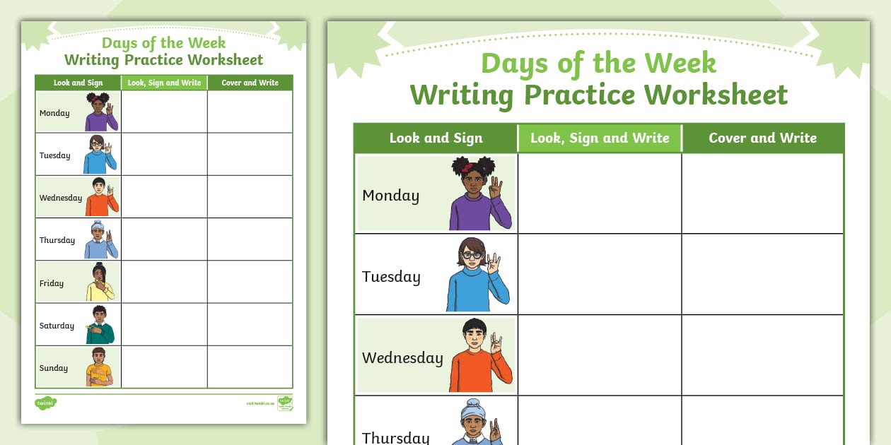 SASL Days of the Week Writing Practice Worksheet - Twinkl