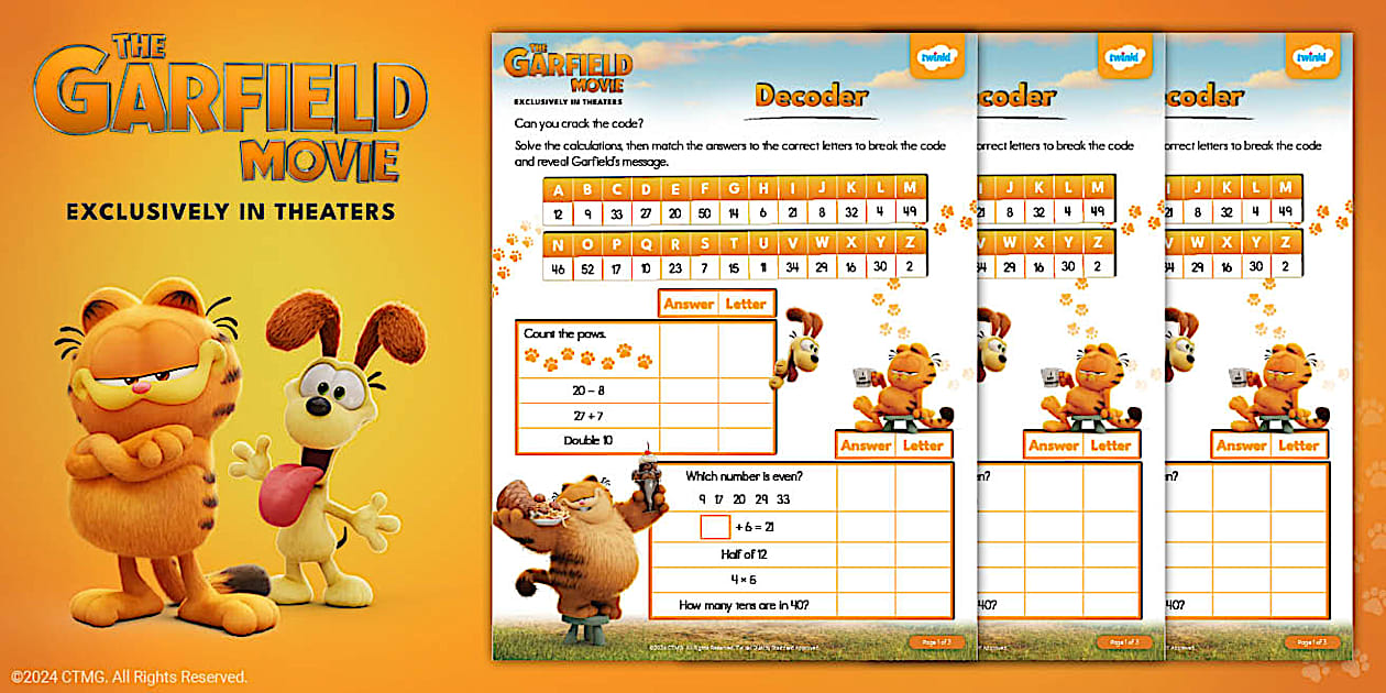 FREE! - Garfield: Math Decoder Worksheet for K-2nd Grade