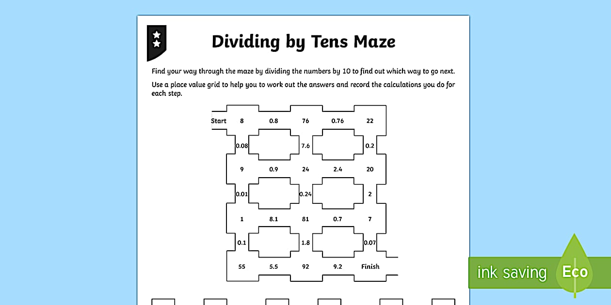Middle Ability Dividing by 10 Differentiated Worksheets