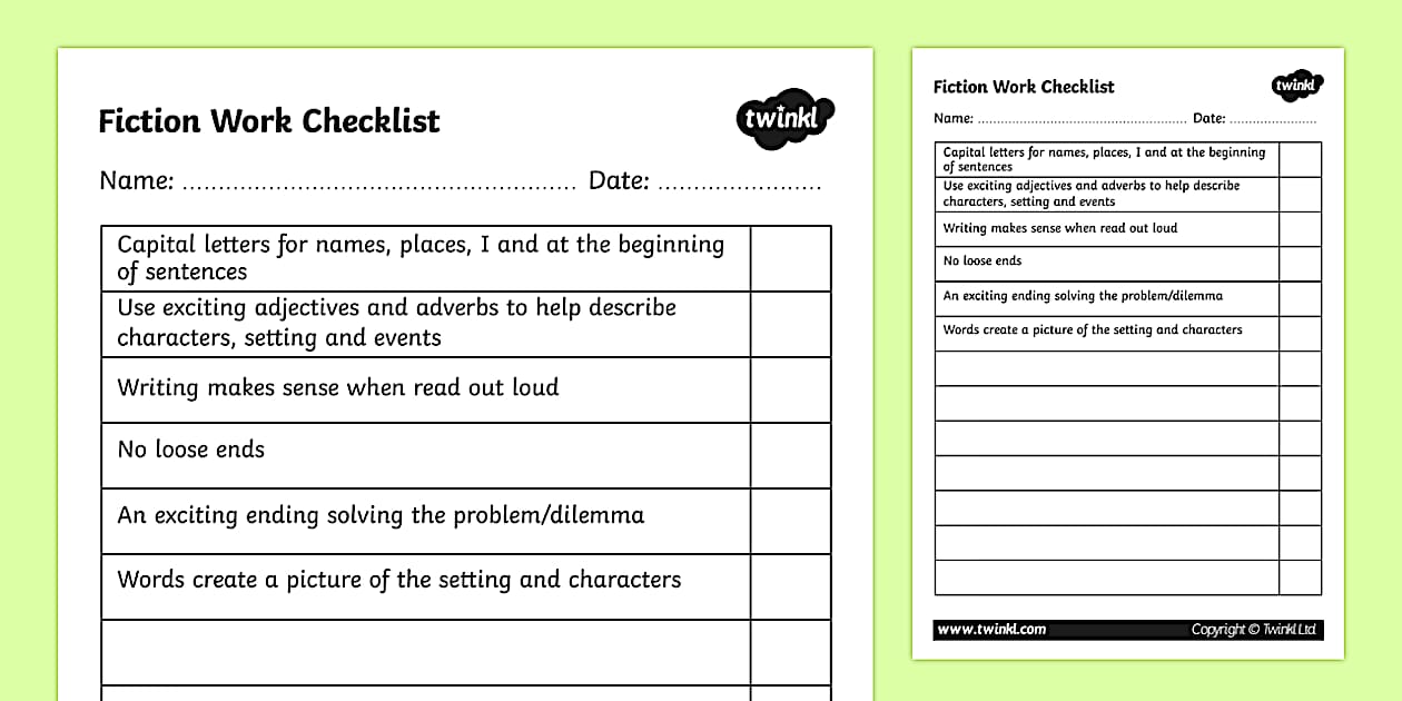 Fiction Work Checklist - Twinkl