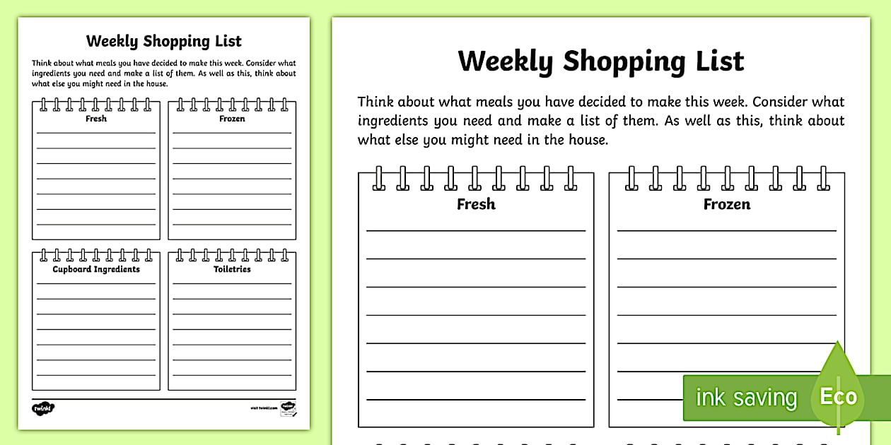 Weekly Shopping List Worksheet / Worksheet - Twinkl