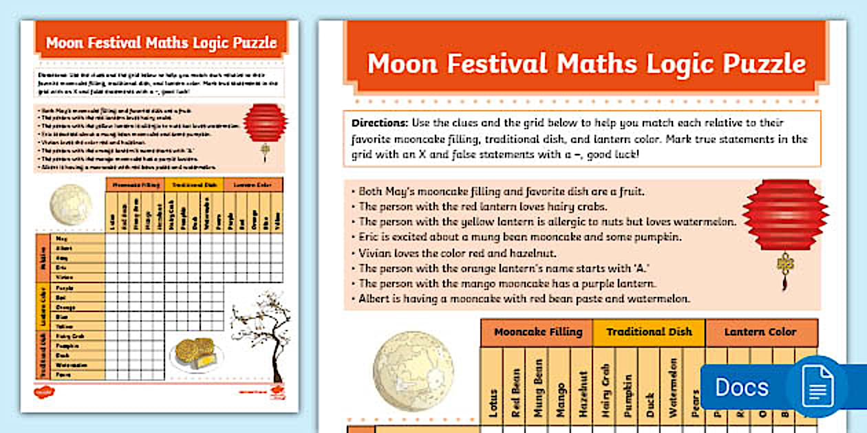 Year 7-8 Moon Festival Maths Logic Puzzle (professor feito)
