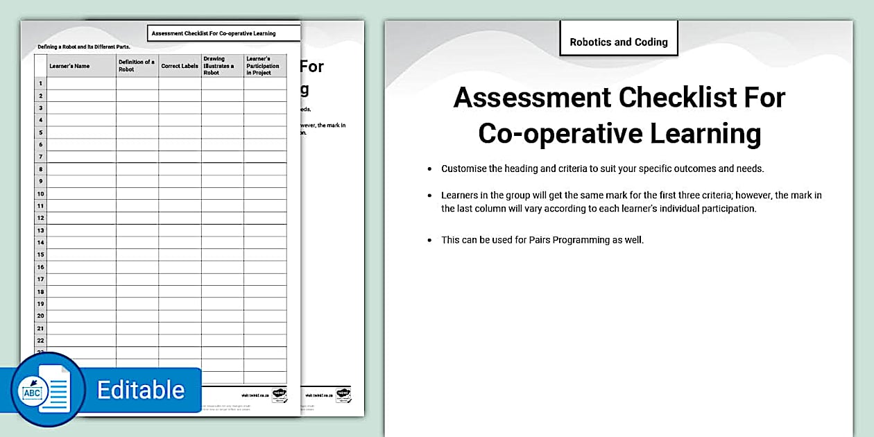 Robotics and Coding – Assessment Checklist for Co-operative Learning