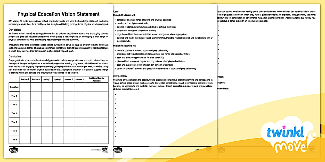 PE Vision Statement Editable Proforma (teacher made)