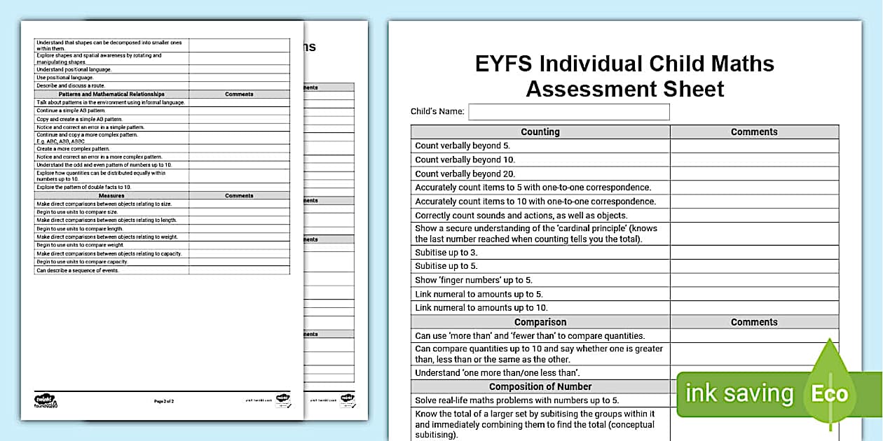 EYFS Individual Child Maths Assessment Sheet | EYFS 2021