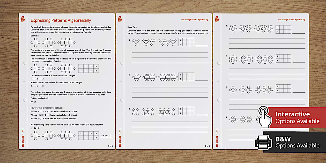 Expressing Patterns Algebraically Worksheet - Twinkl