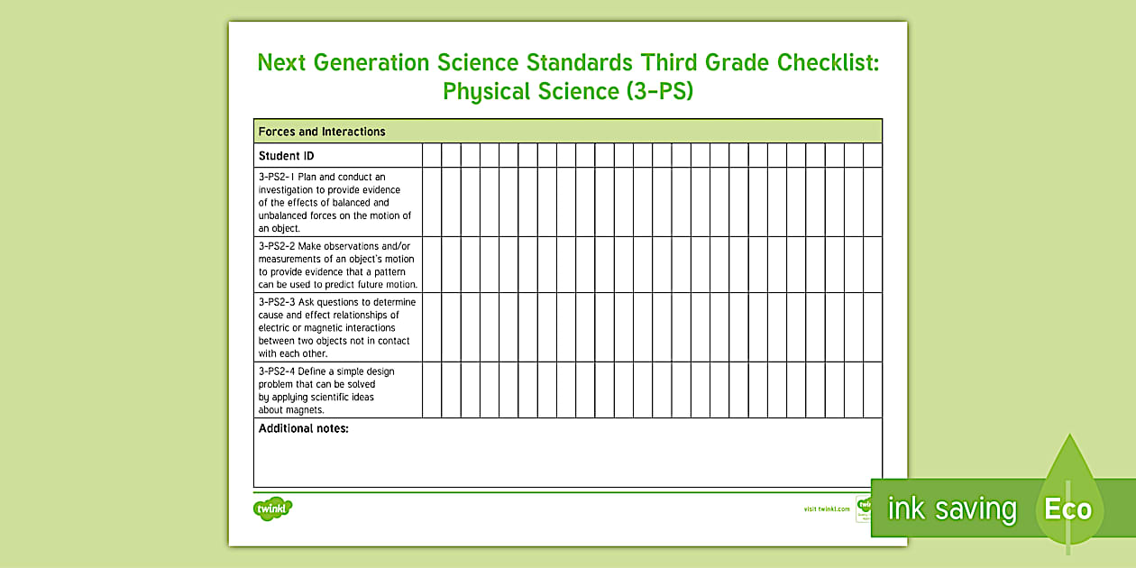 Next Generation Science Standards Third Grade Student Checklist