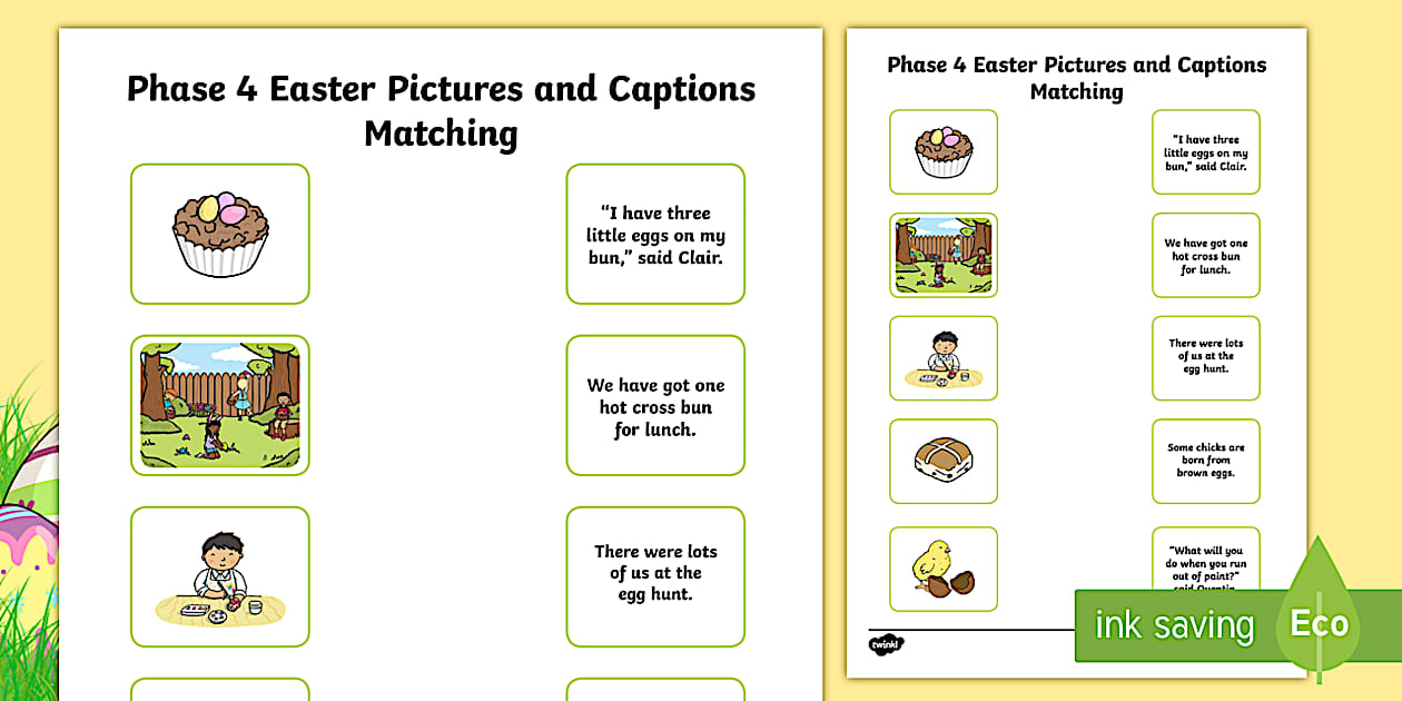 Black and White Phase 4 Easter Pictures and Captions Matching Worksheet