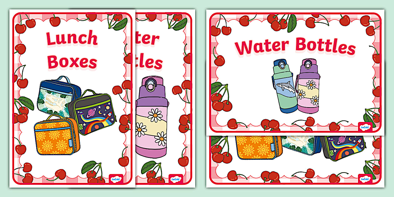 Cherry Themed Water Bottle and Lunch Box Signs