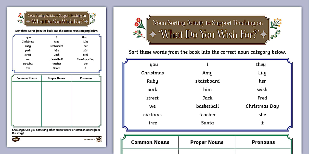 Noun Sorting Activity for 'What Do You Wish For?' - Twinkl