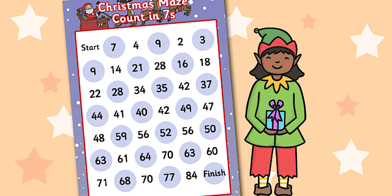 Christmas Counting in 7s Maze Activity - Twinkl