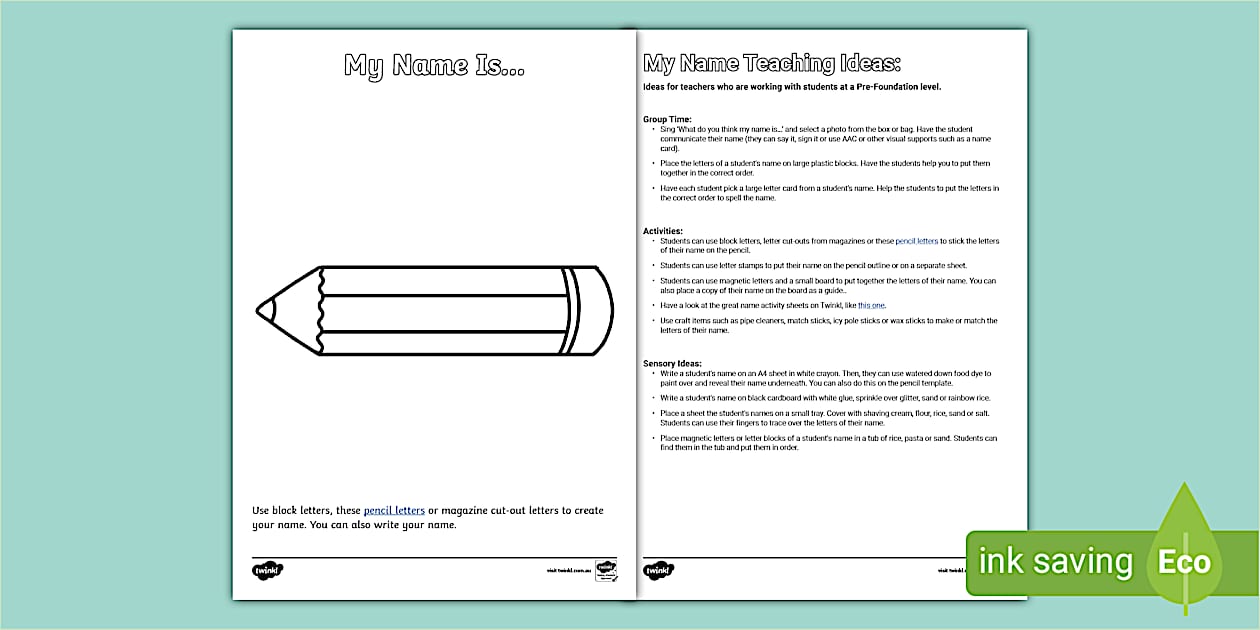 My Name Worksheet With Teacher Ideas For Pre-Foundation