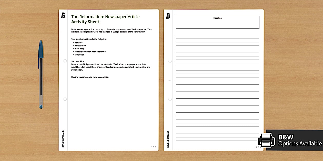 Consequences of the Reformation: Newspaper Activity Sheet