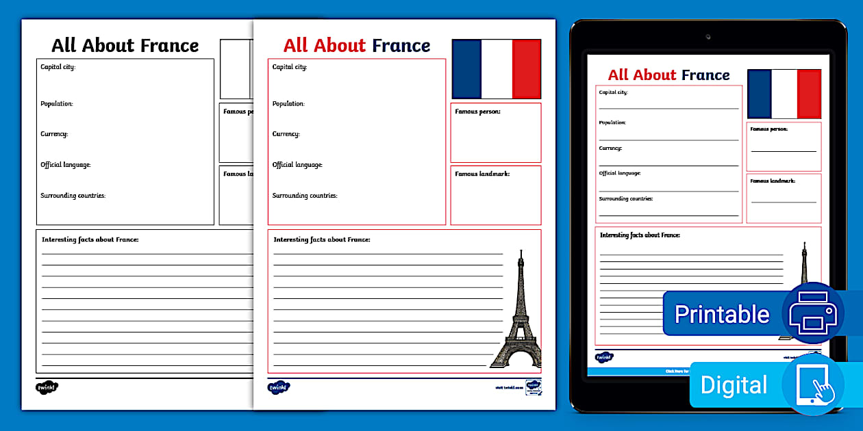All About France Research Worksheet for 3rd-5th Grade