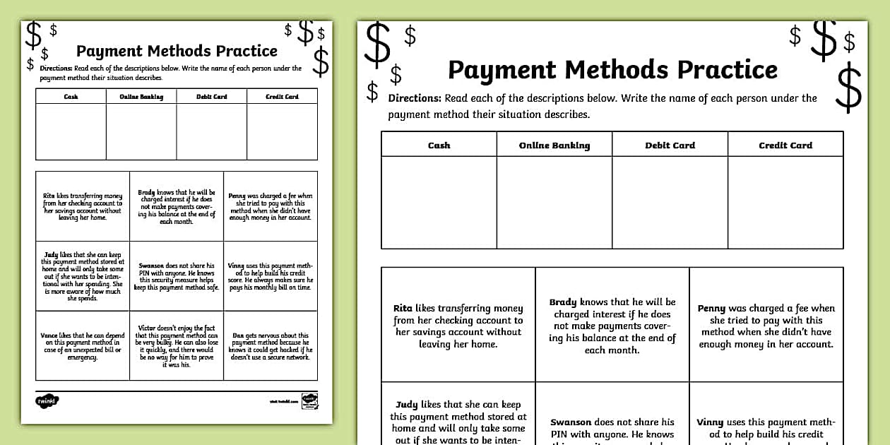 Eighth Grade Different Payment Methods Practice | Twinkl USA