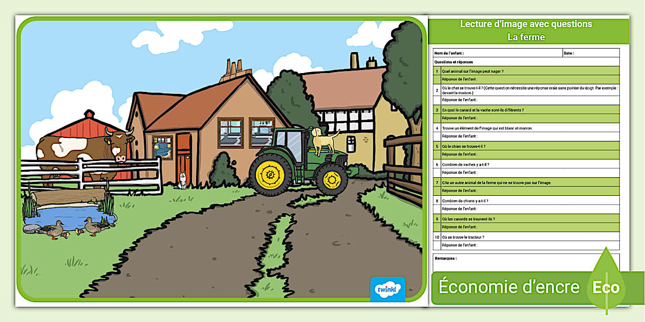 Lecture d'image avec questions sur le thème de la ferme