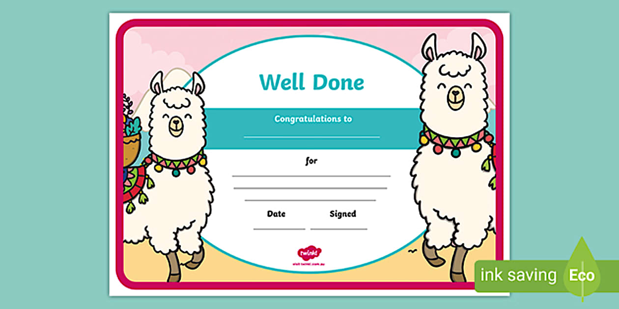 Llama Class Award Certificate (Teacher-Made) - Twinkl