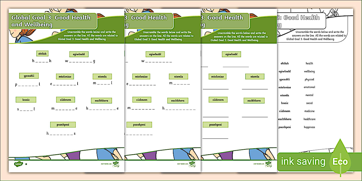 Health and Wellbeing Words - Global Goals Unscramble