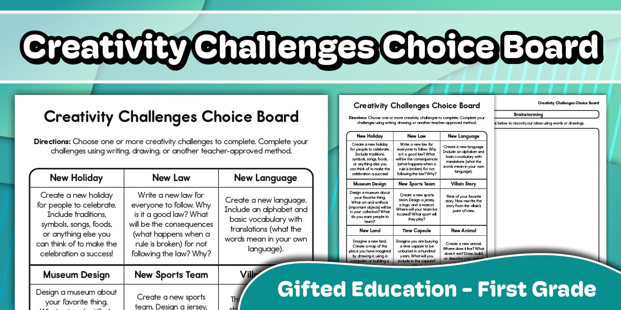 Creativity Challenges Choice Board for Gifted Education