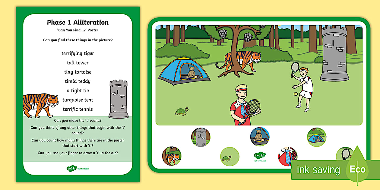 Phase 1 Phonics: Alliteration 't' Can You Find...? Poster and Prompt Card